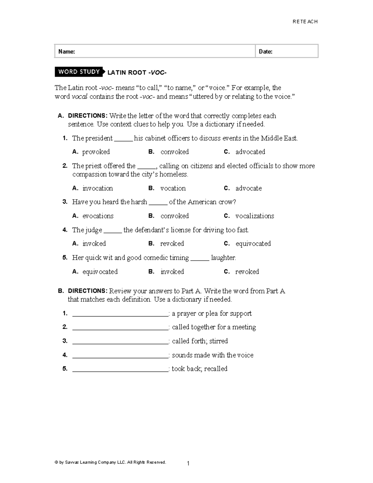LIT17 ANC G9U3 Lesson WS REM mig - RETEACH Name: Date: LATIN ROOT -VOC ...
