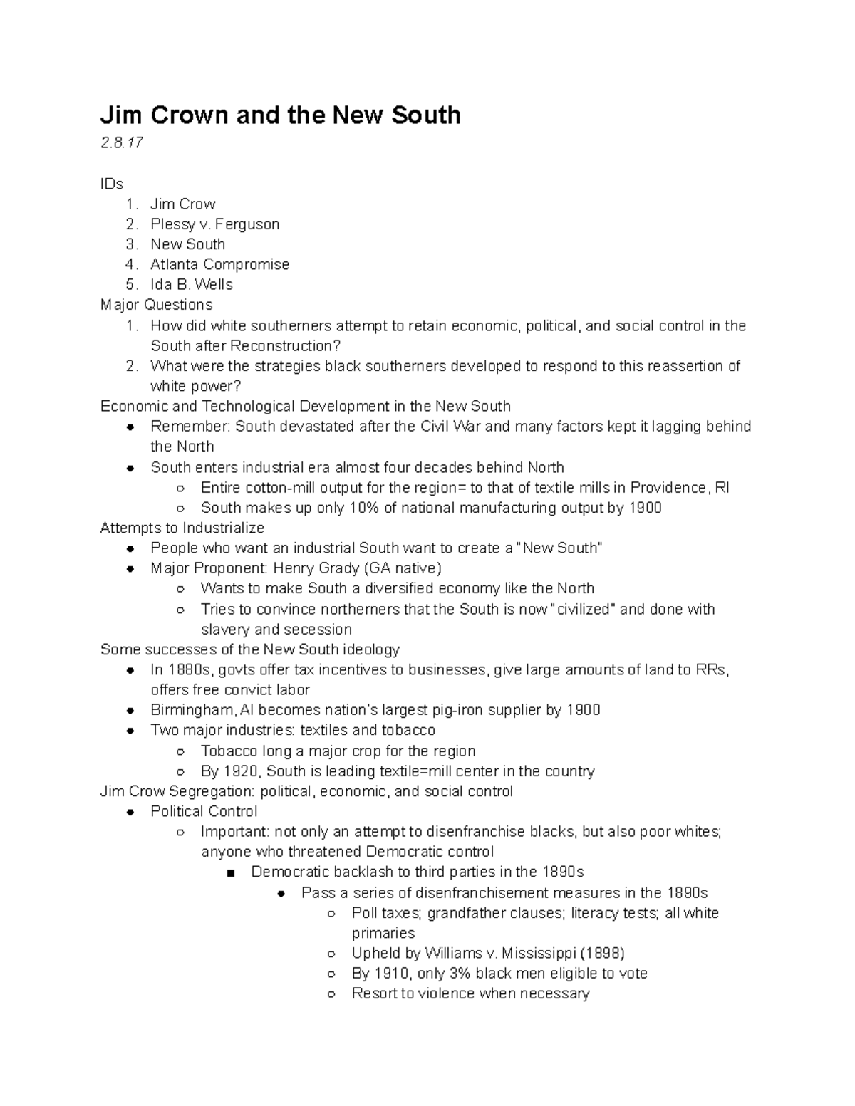 Jim Crown and the New South - IDs 1. Jim Crow 2. Plessy v. Ferguson 3 ...