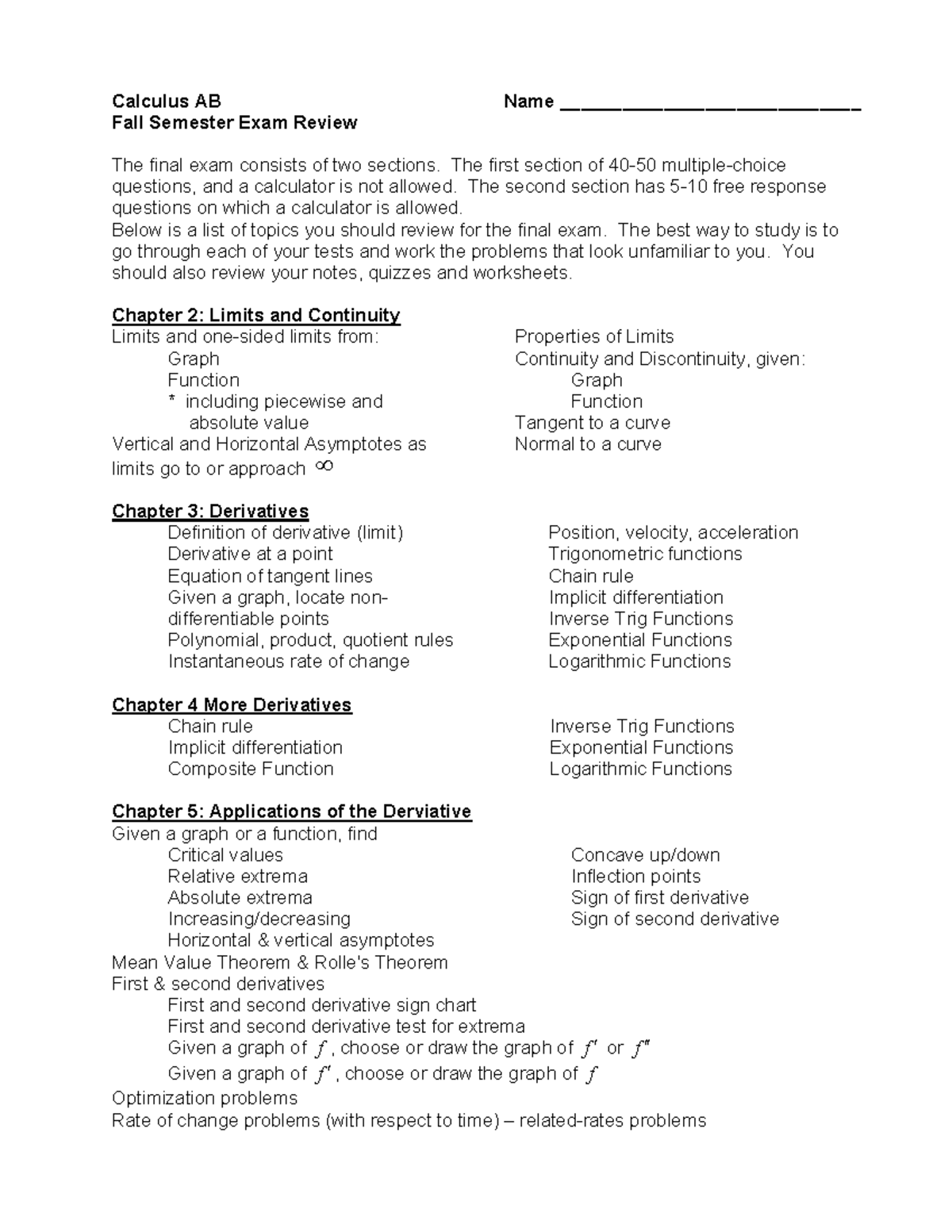ABCalc Fall Exam Review 20 - Calculus AB Name ...
