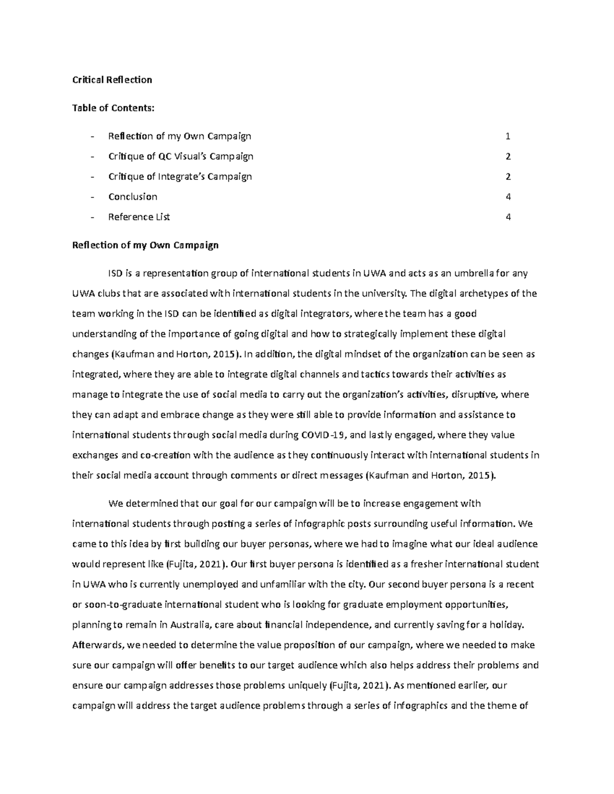 Digital Marketing Critical Reflection - Critical Reflection Table of ...