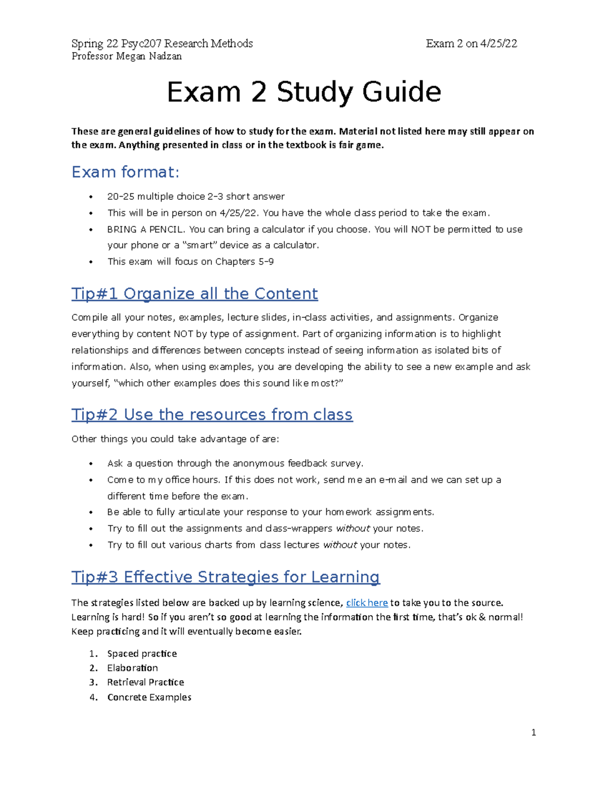 Exam 2 Study Guide - Professor Megan Nadzan Exam 2 Study Guide These ...