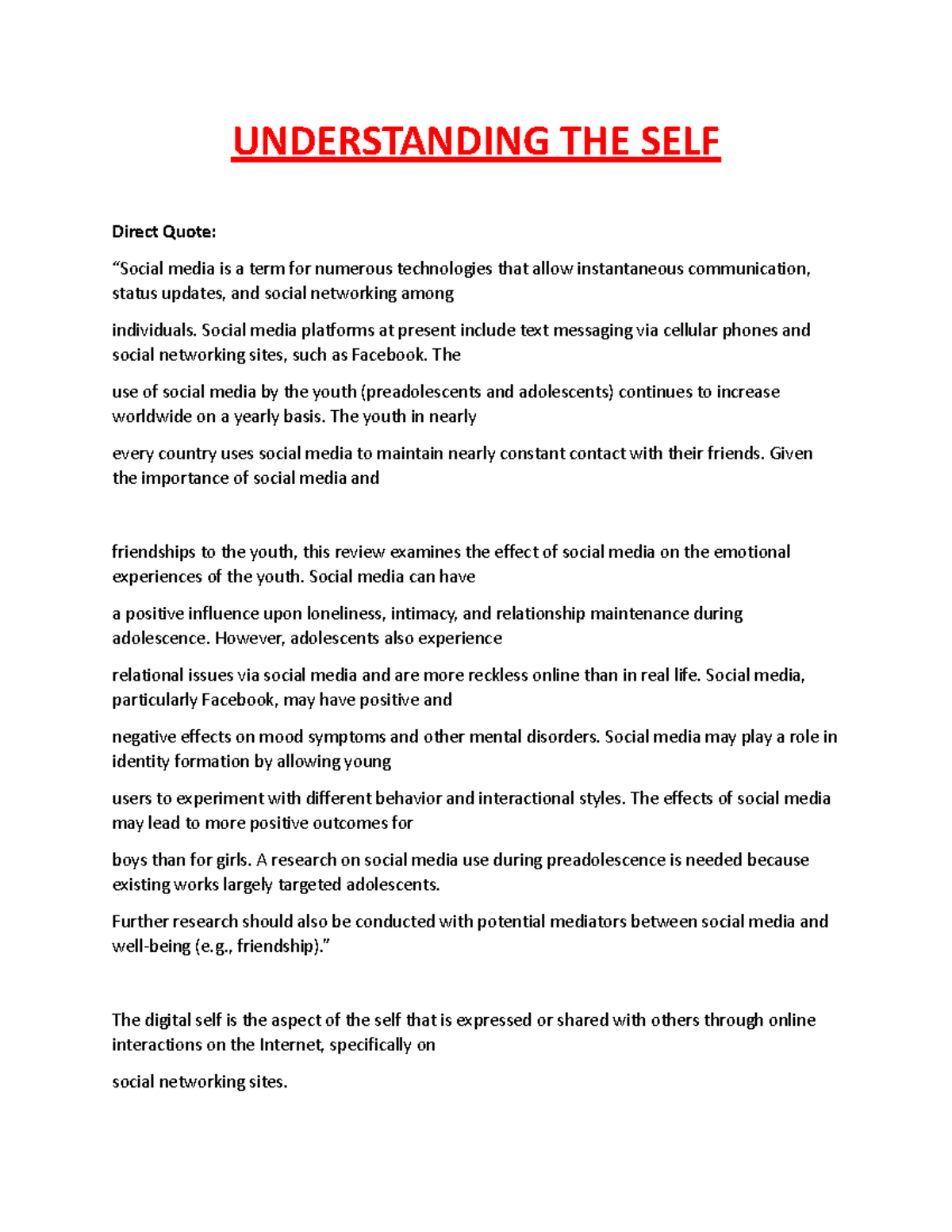 Understanding THE SELF - UNDERSTANDING THE SELF Direct Quote: “Social ...