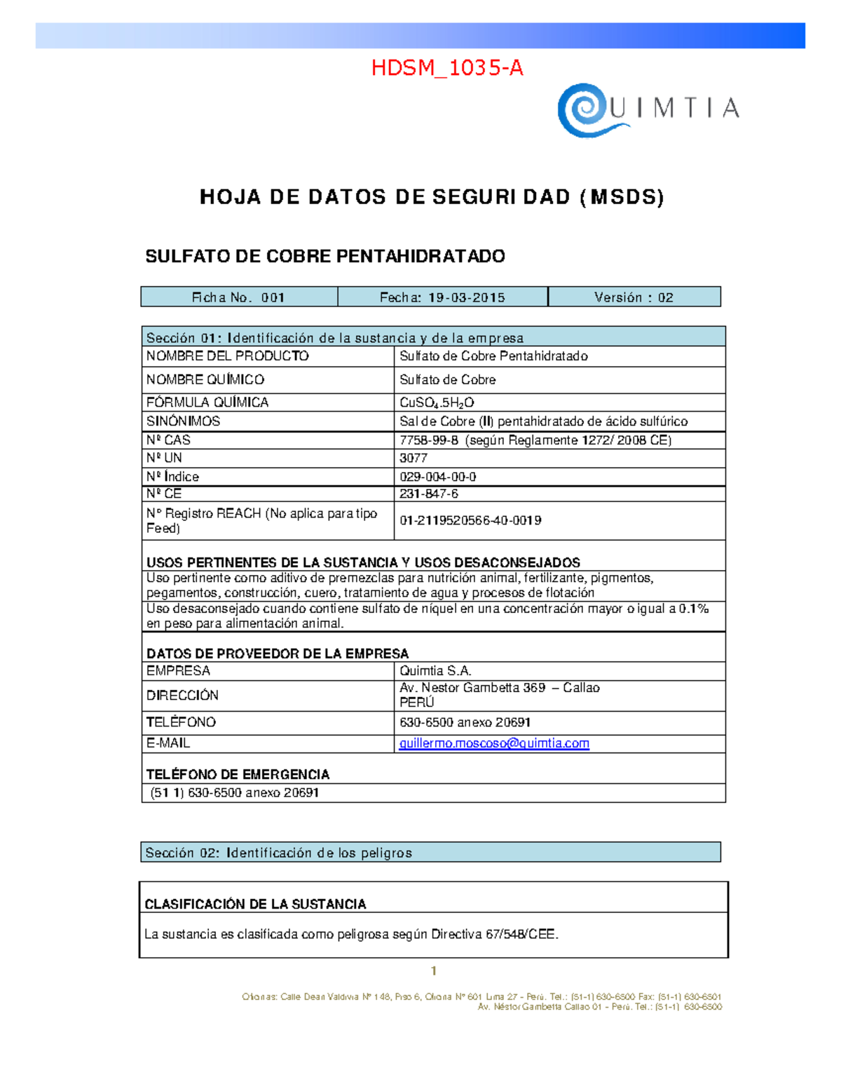 HDSM 1035-A Sulfato DE Cobre Pentahidratado 19 - Oficinas: Calle Dean ...