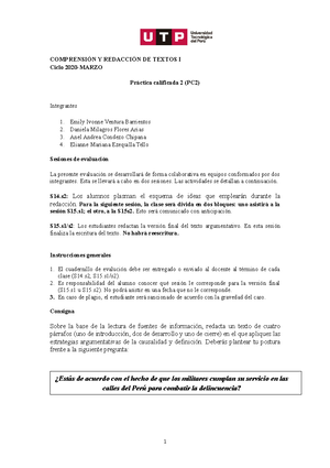 A01L PC1Consigna 22C2A - Consigna para la Práctica calificada 1 Comprensión y Redacción de ...