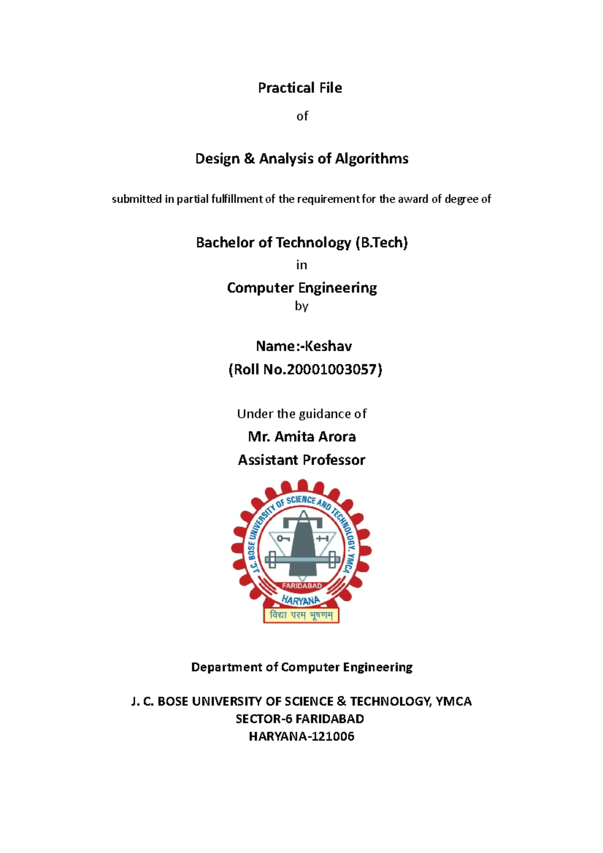 Design And Analysis Of Algorithm Practical File Of Design And Analysis Of Algorithms Submitted
