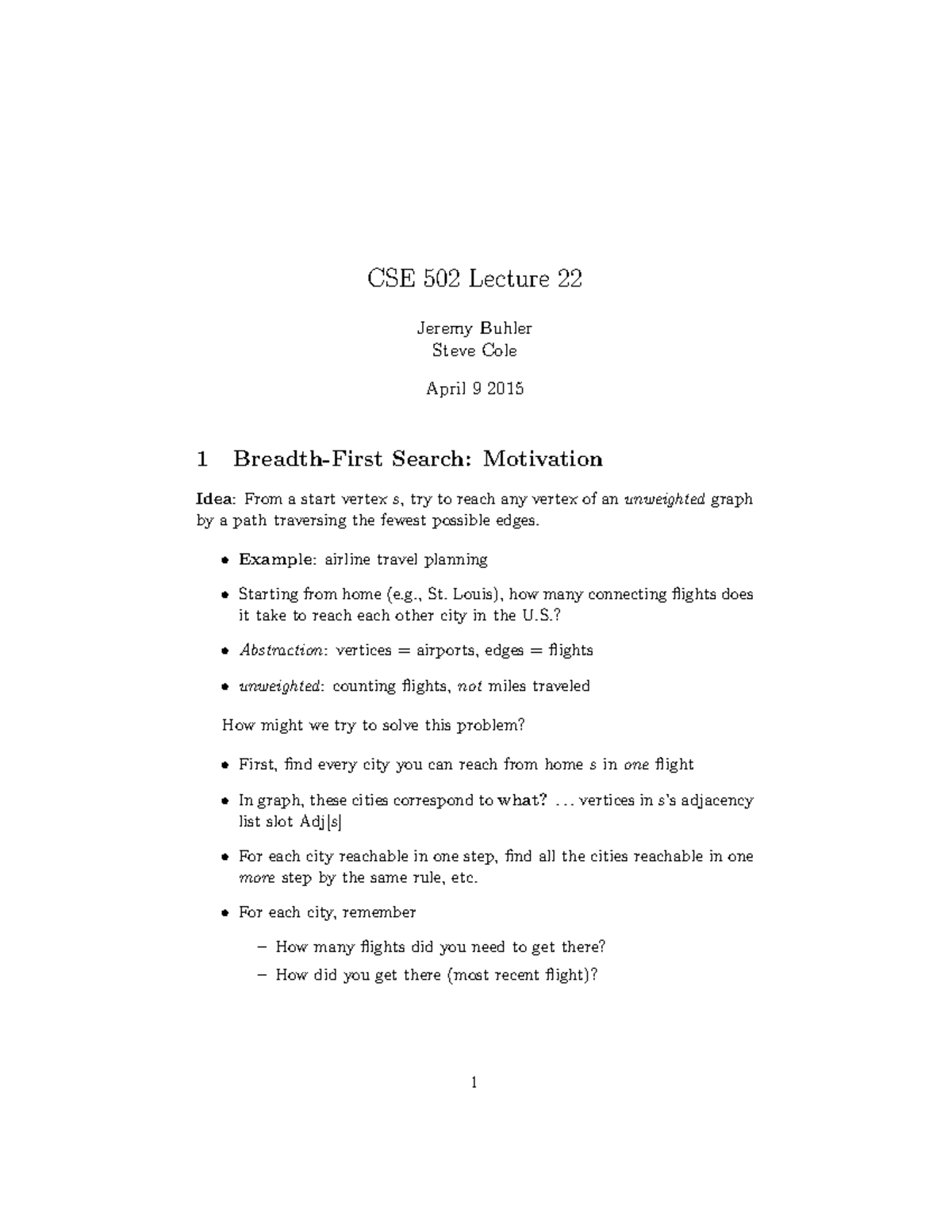 Cse502 2014 2015 Lecture Notes 22 Breadth First Search Cse 502 Lecture 22 Jeremy Buhler 1477