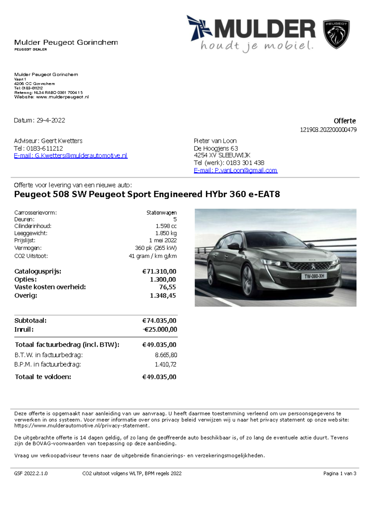 Offerte inclusief btw - GSF 2022.2.1 CO2 uitstoot volgens WLTP, BPM ...