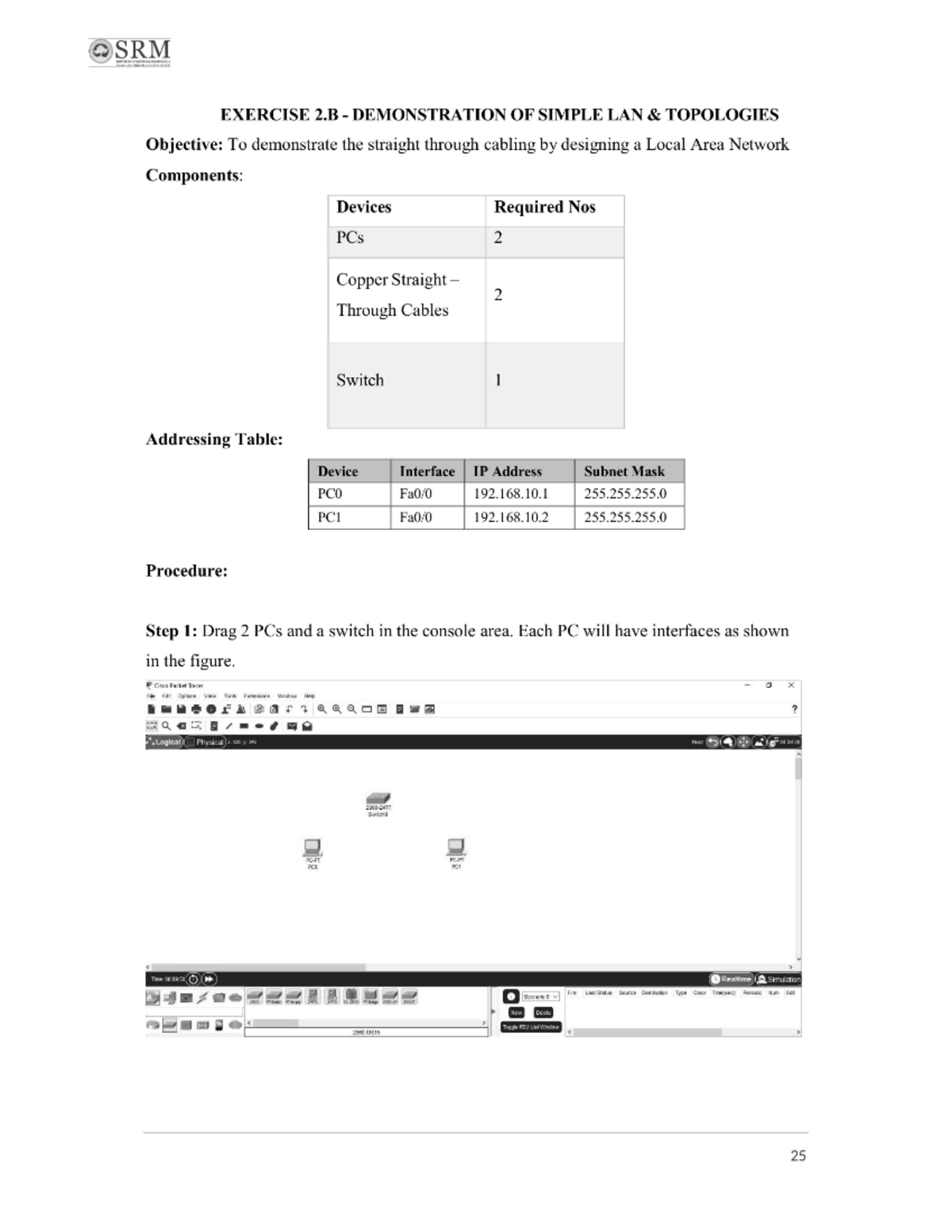 Ex2 - Experiment 2 - C SRM EXERCISE 2 DEMONSTRATION OF SIMPLE LAN TOPOLOGIES Objective: To - Studocu