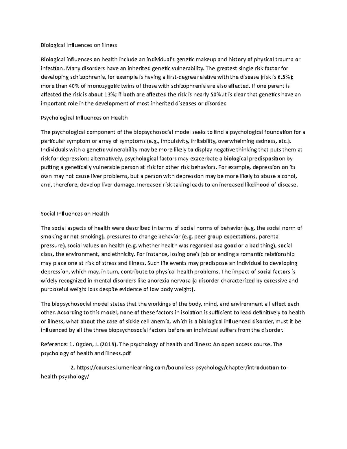 Psyc uop biopsychosocial - Biological Influences on illness Biological ...