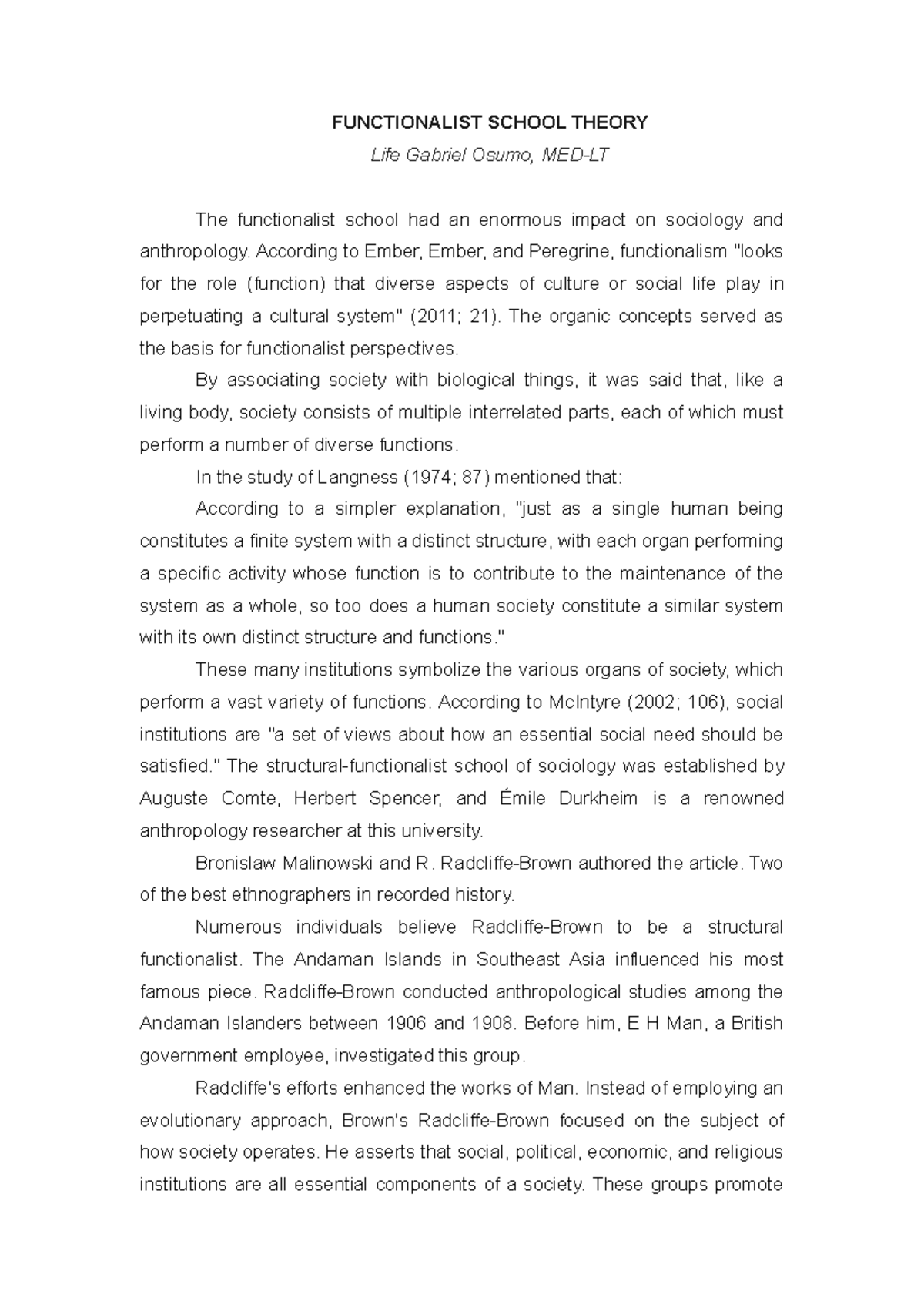 Functionalist School Theory - FUNCTIONALIST SCHOOL THEORY Life Gabriel ...