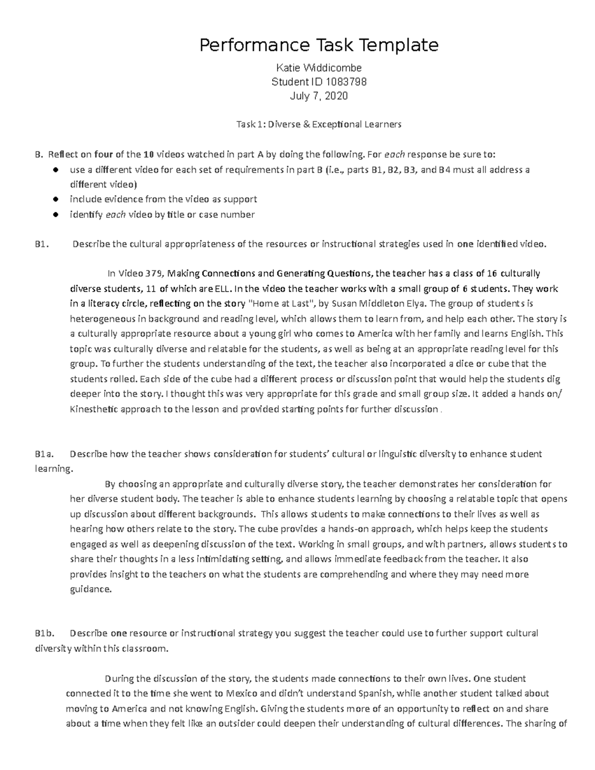 Diverasity Performance Task 1 - Performance Task Template Katie ...