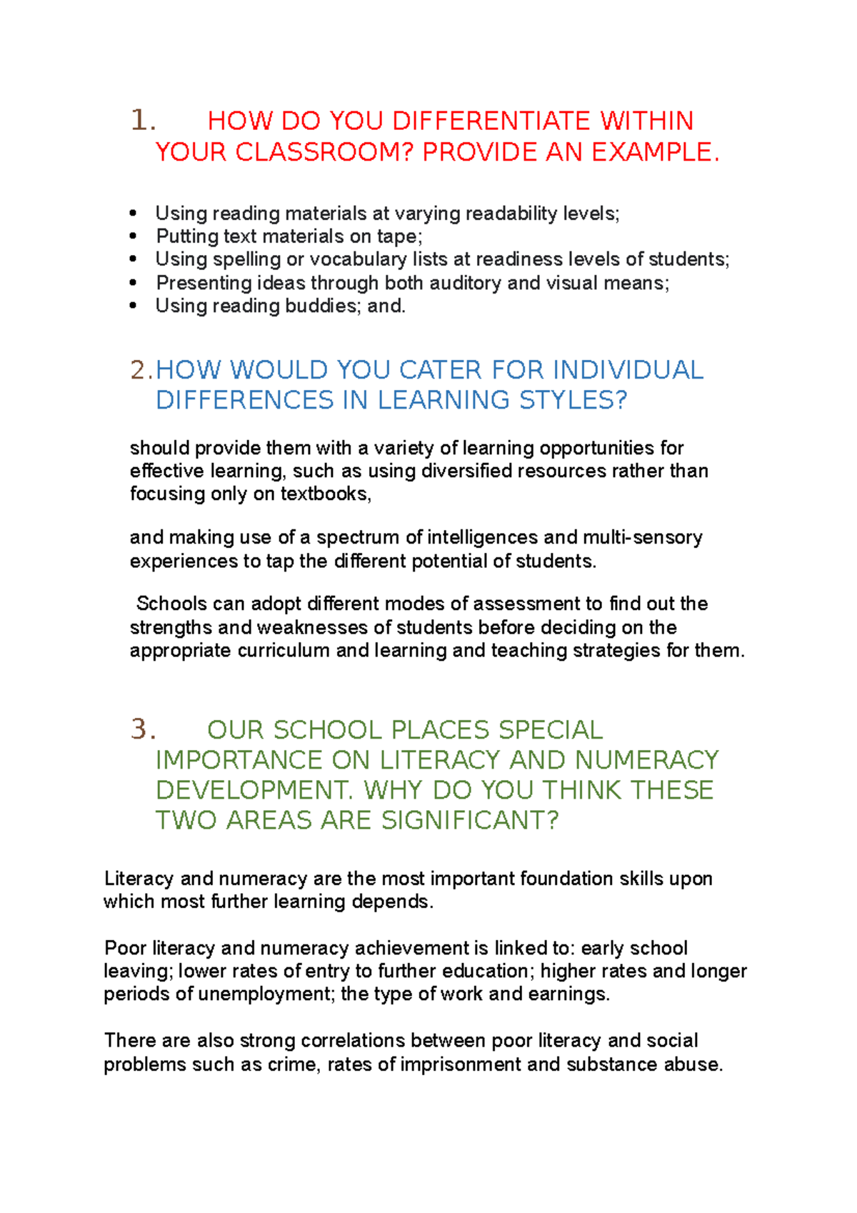 Interview Questions - 1. HOW DO YOU DIFFERENTIATE WITHIN YOUR CLASSROOM ...