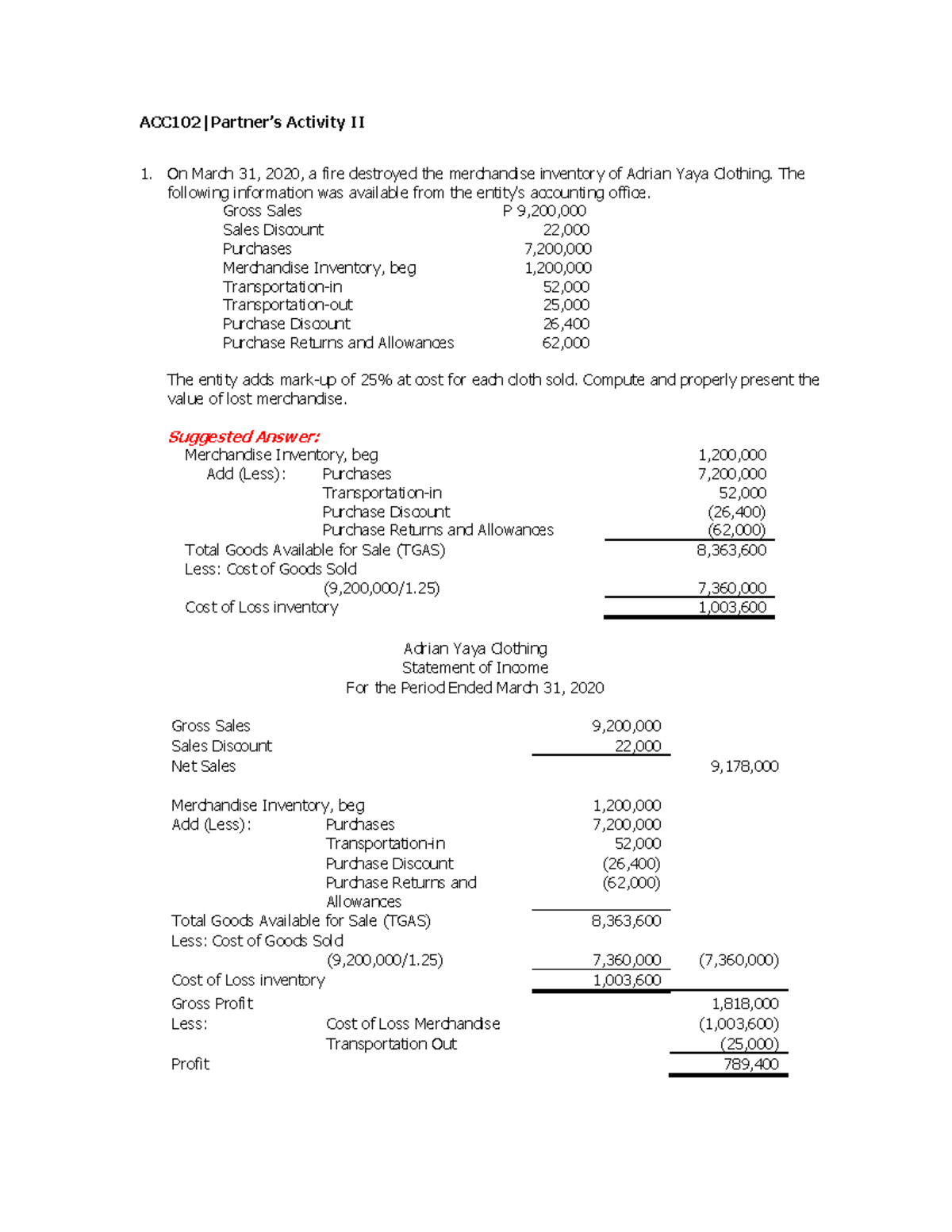 2nd Partner's Activities - ACC102|Partner’s Activity II On March 31 ...