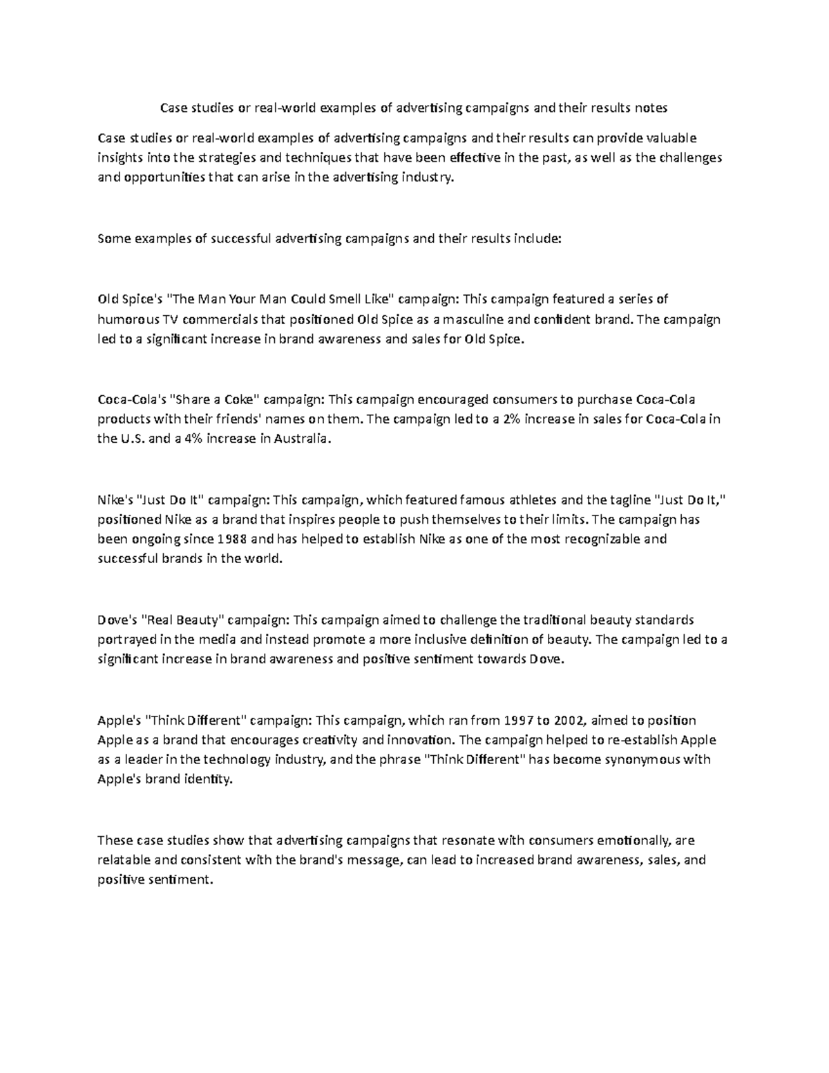 Case studies in advertising notes - Case studies or real-world examples ...