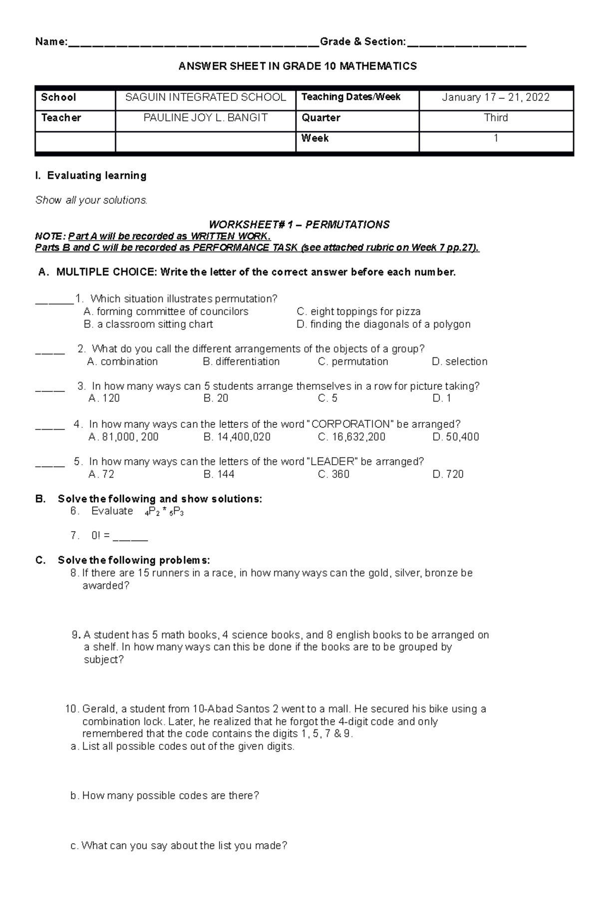 AS in Math10 Q3 - gssf - ANSWER SHEET IN GRADE 10 MATHEMATICS School ...