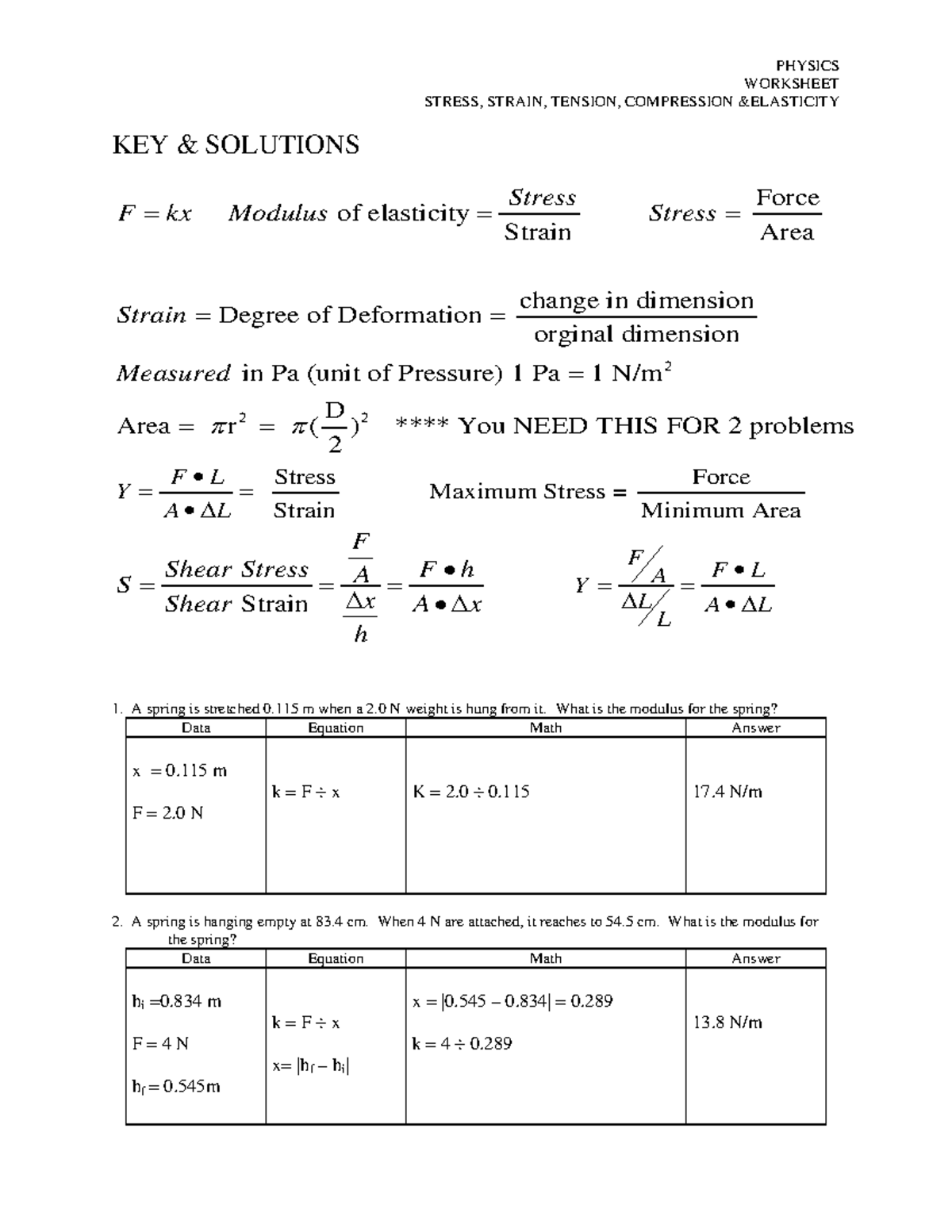 Guide for Elsaticity Problems - PHYSICS WORKSHEET STRESS, STRAIN ...
