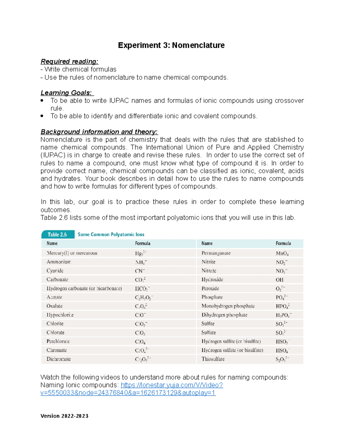 Experiment 3- Nomenclature 2022-2023 - Experiment 3: Nomenclature ...
