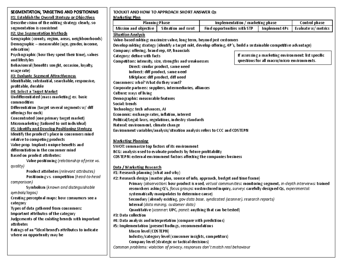 296 midterm cheat sheet - SEGMENTATION, TARGETING AND POSITIONING #1: Establish the Overall ...