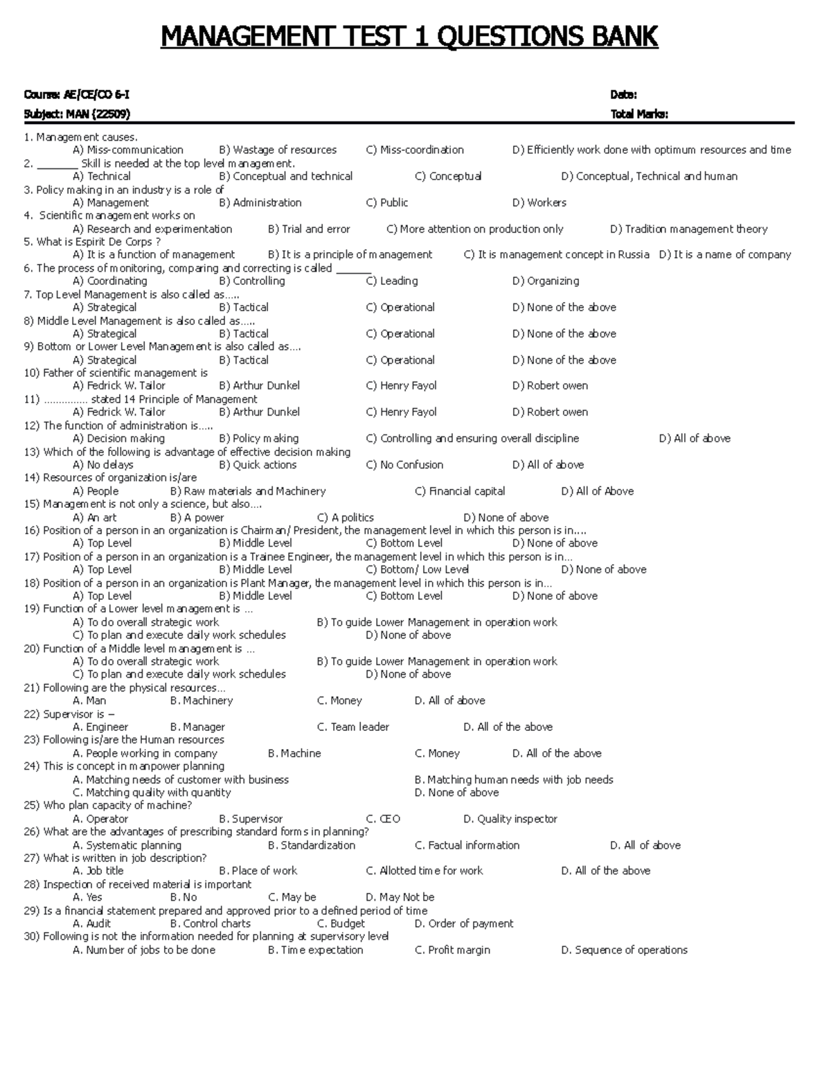 MAN Q BANK - MANAGEMENT TEST 1 QUESTIONS BANK Course: AE/CE/CO 6 - I ...