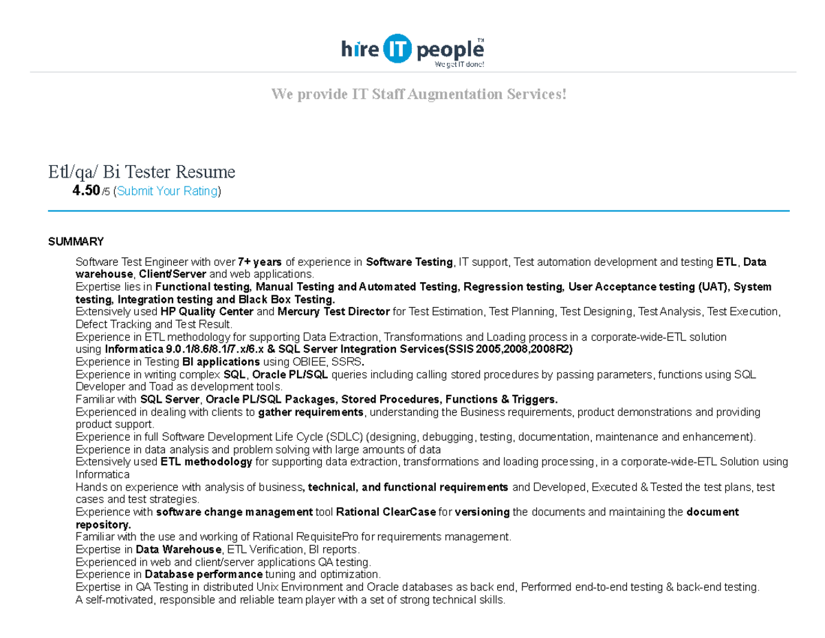 ETL QA BI Tester Resume - Hire IT People - We get IT done - Etl/qa/ Bi ...