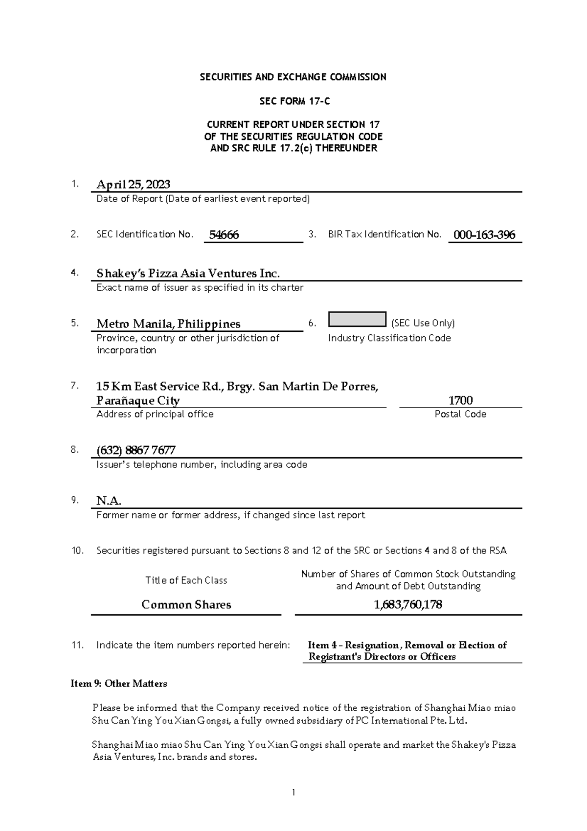 [PSE Copy] 20230425 17C Pizza Incorporation of Shanghai Miao miao Shu ...