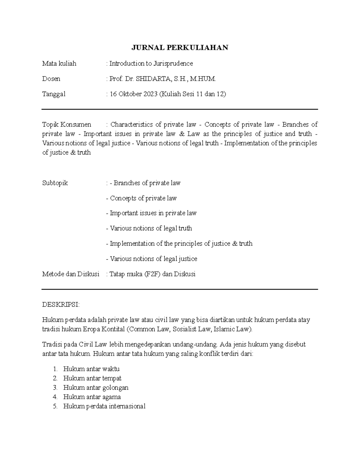 Jurnal Perkuliahan jurisprudence sesi 16 oktober - JURNAL PERKULIAHAN ...