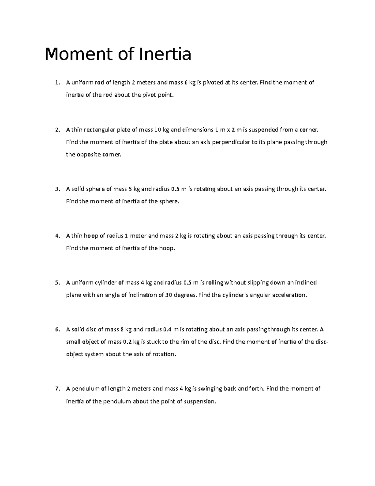 Moment of Inertia - self-made worksheet for fluid mechanics - Moment of ...