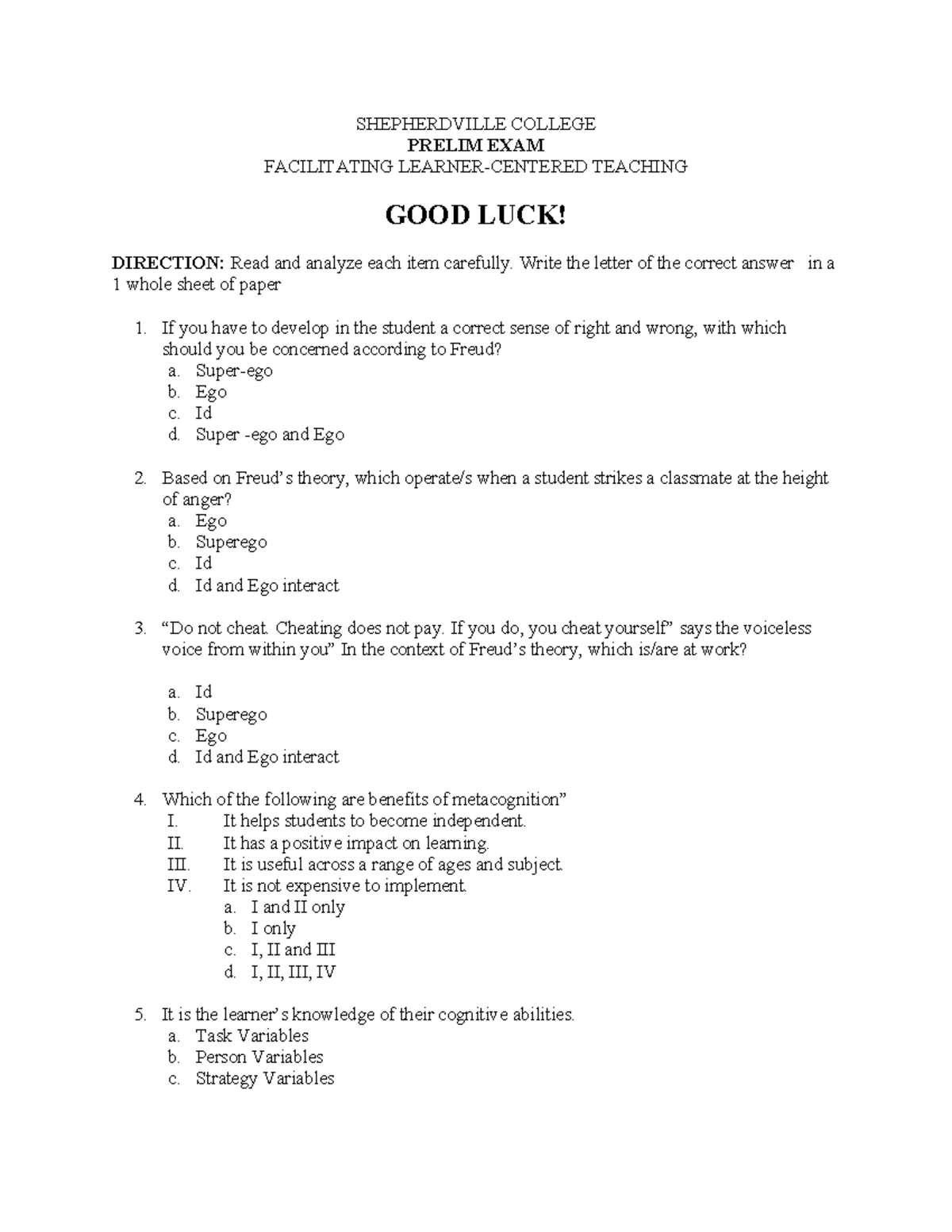 Prelim facilitating learner centered teaching - SHEPHERDVILLE COLLEGE ...
