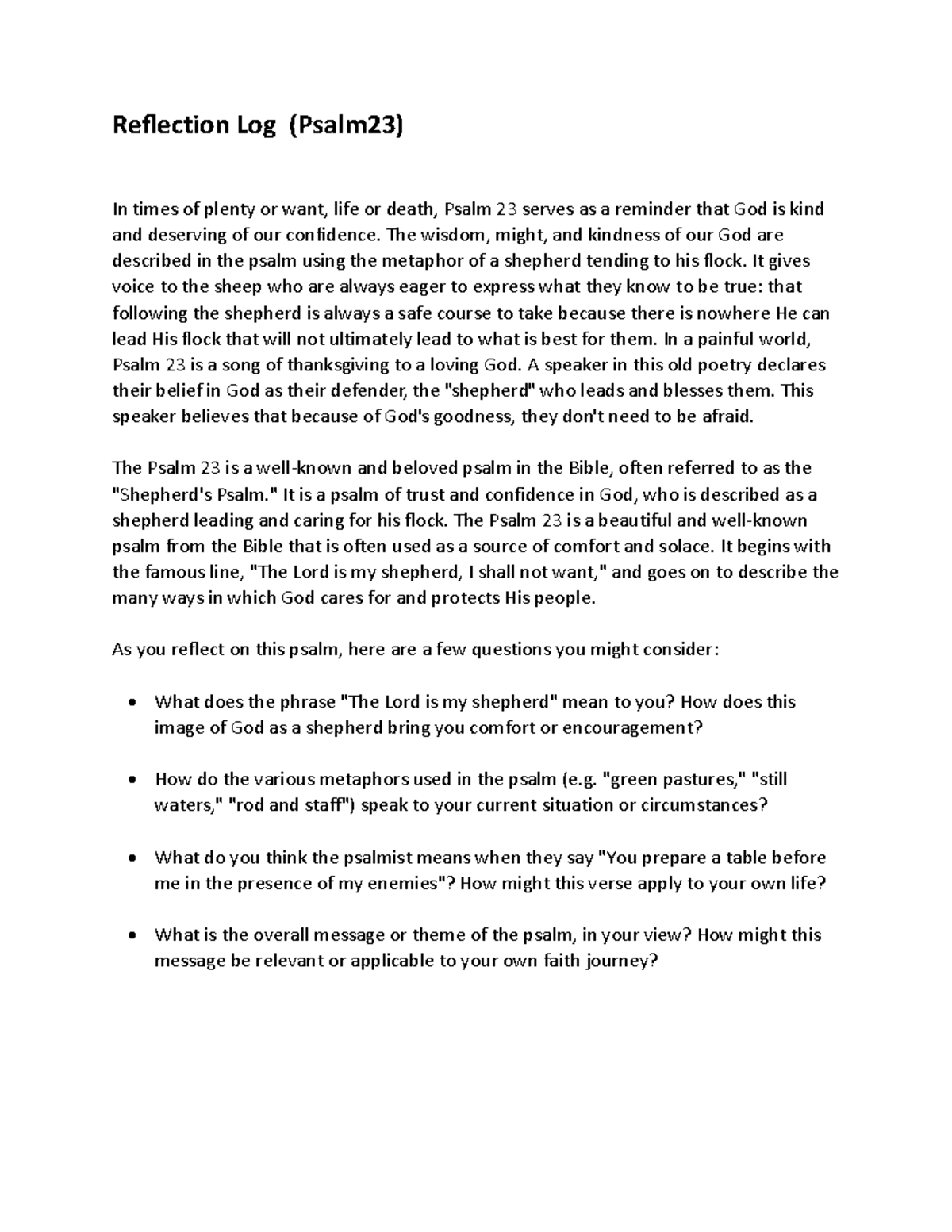 Reflection log about (Psalm 23) - Reflection Log (Psalm23) In times of plenty or want, life or ...