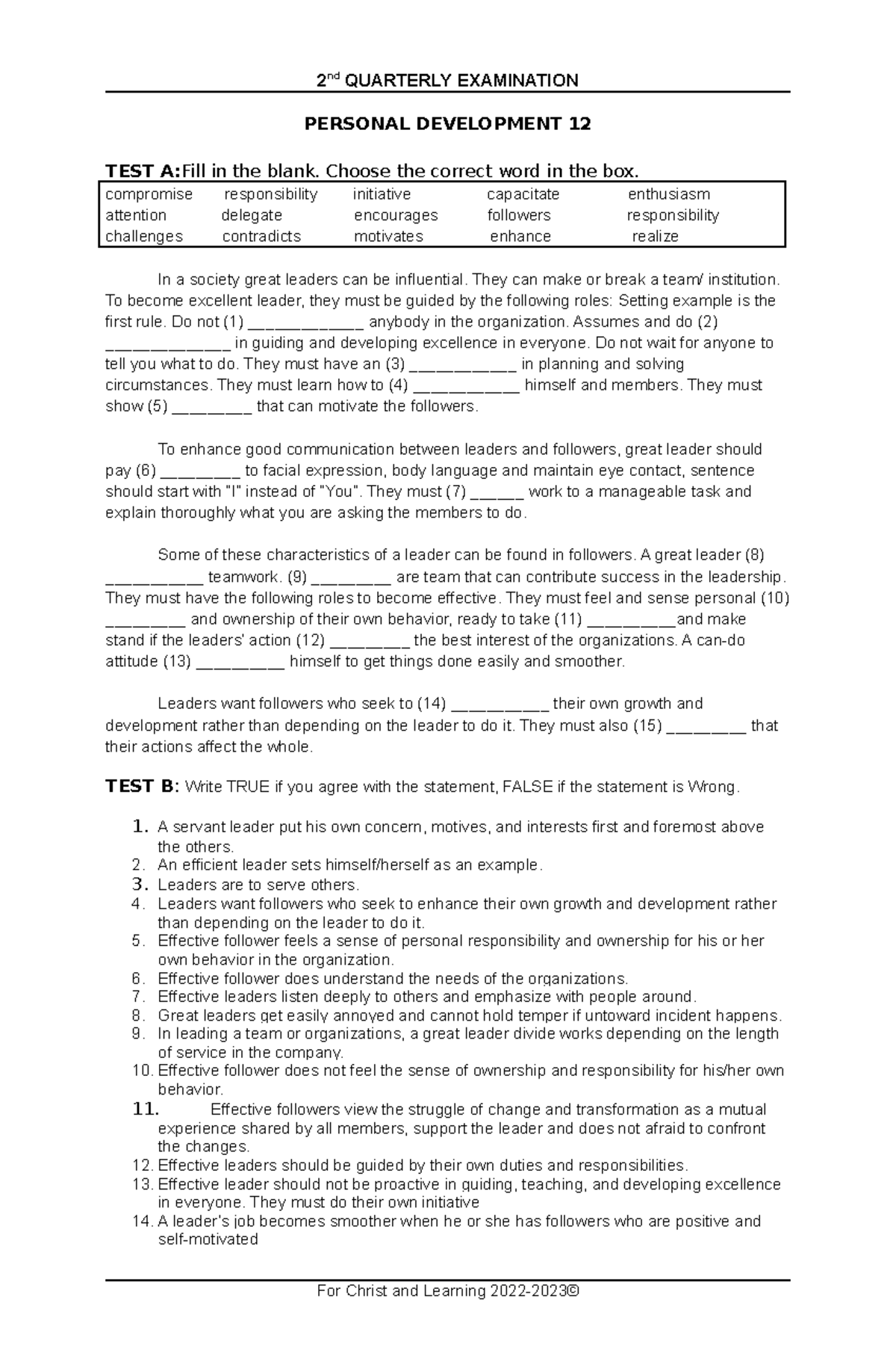 Personal development exam - 2 nd QUARTERLY EXAMINATION PERSONAL ...