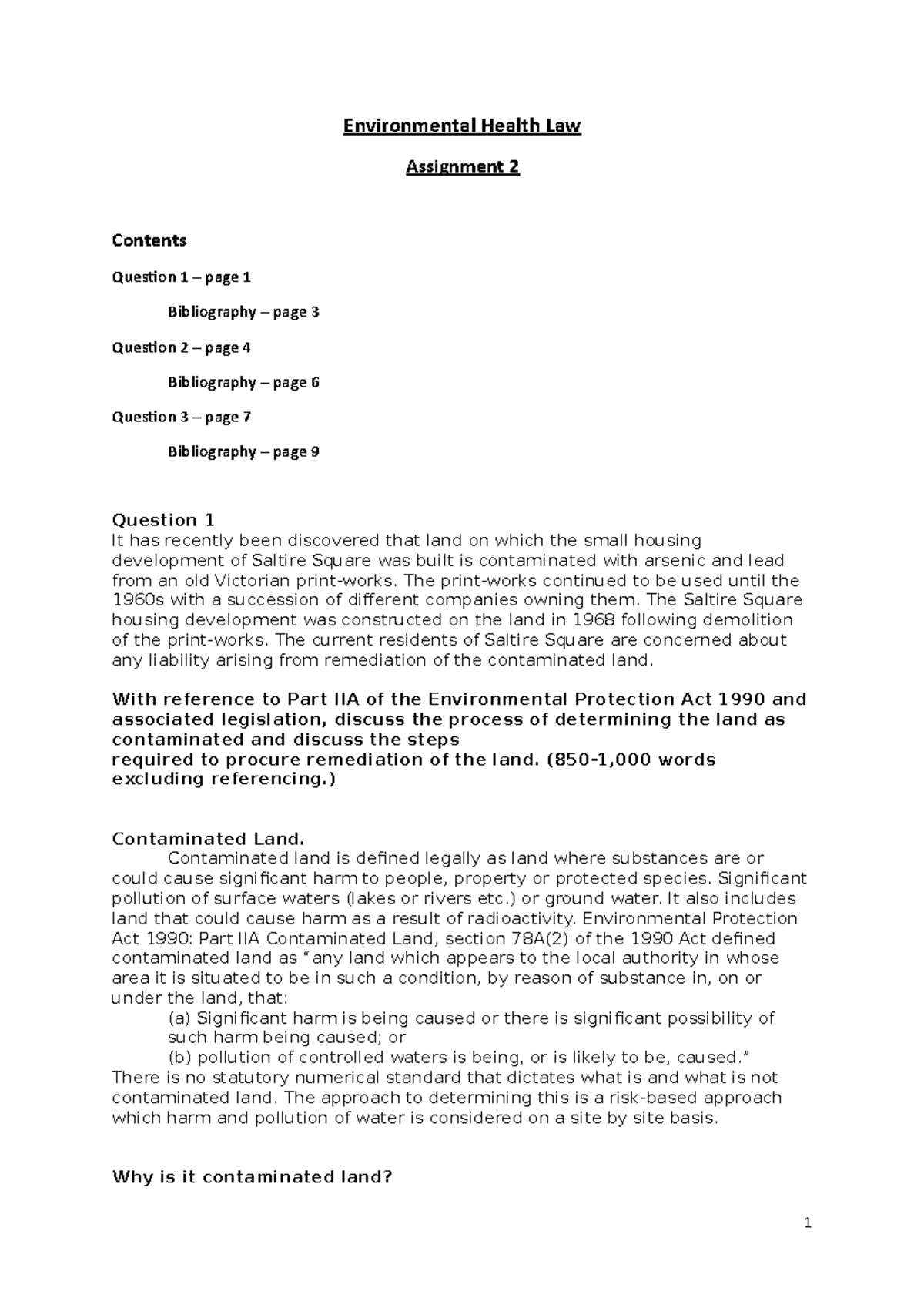 Environmental Health Law assignment 2 - 3 questions on: Environmental ...
