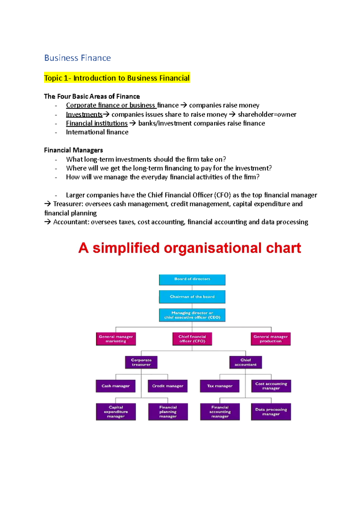 Business Finance Notes topic 1-3 - Business Finance Topic 1 ...