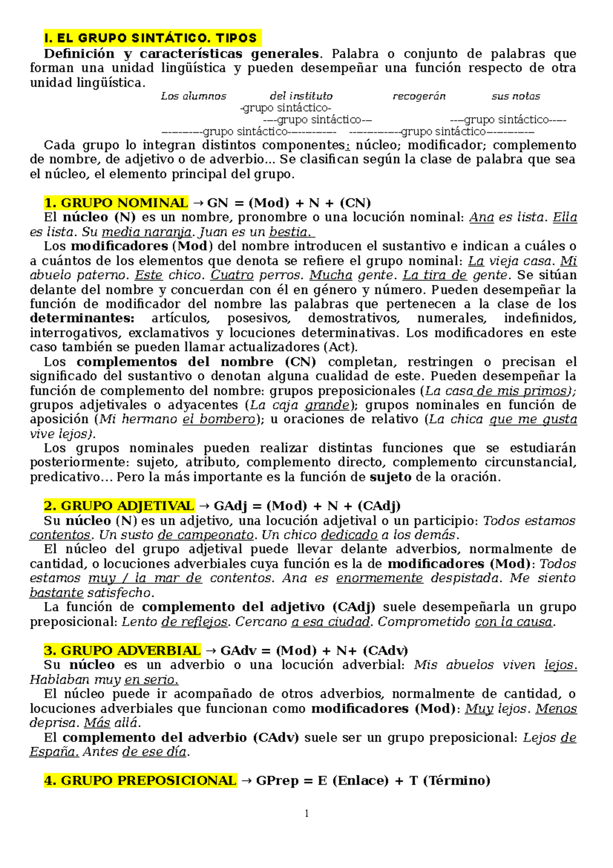 Apuntes de sintaxis - I. EL GRUPO SINTÁTICO. TIPOS Definición y ...