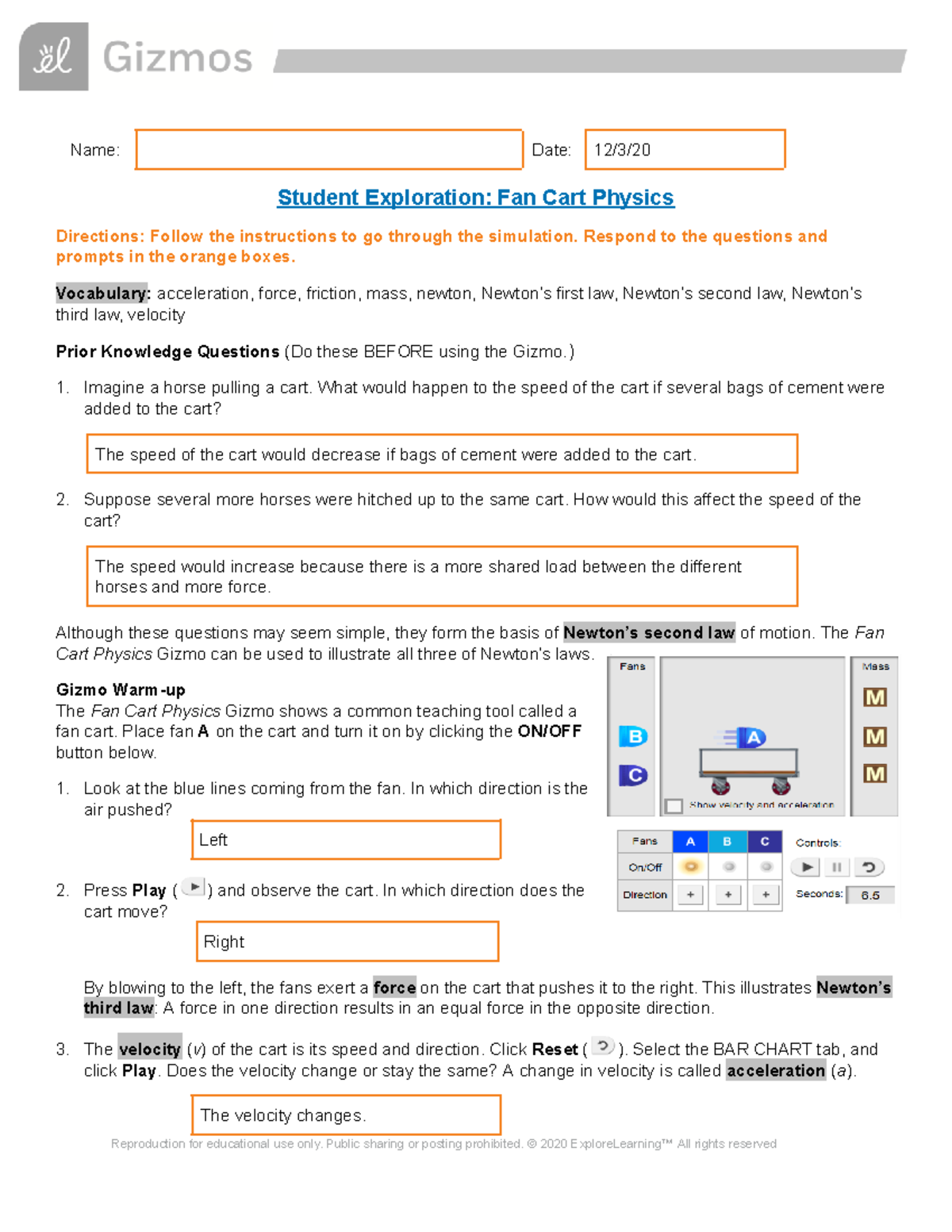 Fan Cart Physics - Name: Date: 12/3/ Student Exploration: Fan Cart ...