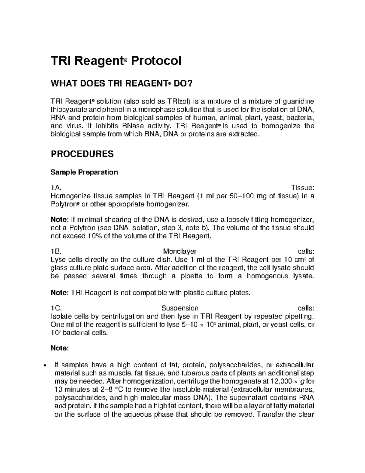 TRI Reagent Protocol - para extración de biomoleculas - TRI Reagent ...