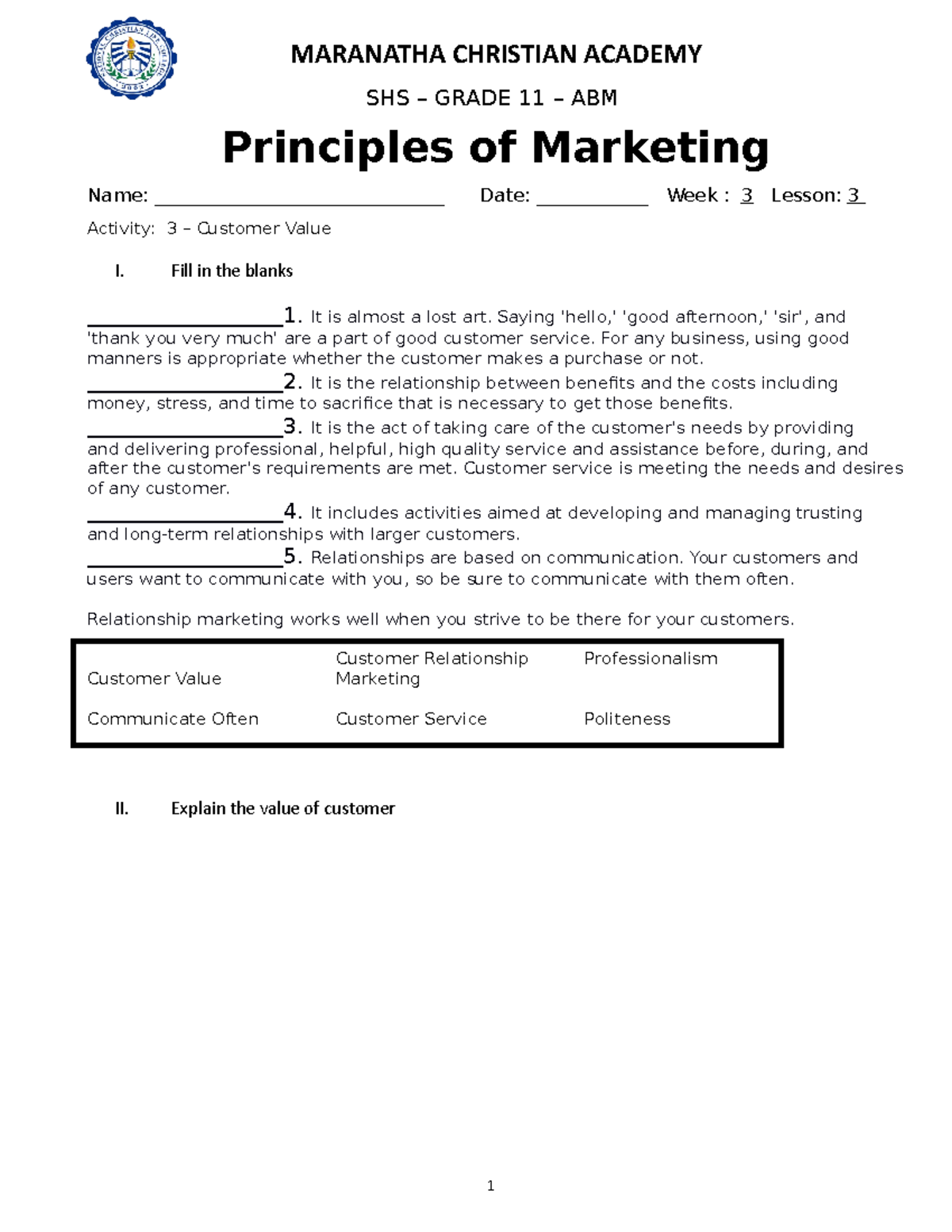 Activity 3 - Marketing - 1 MARANATHA CHRISTIAN ACADEMY SHS – GRADE 11 ...