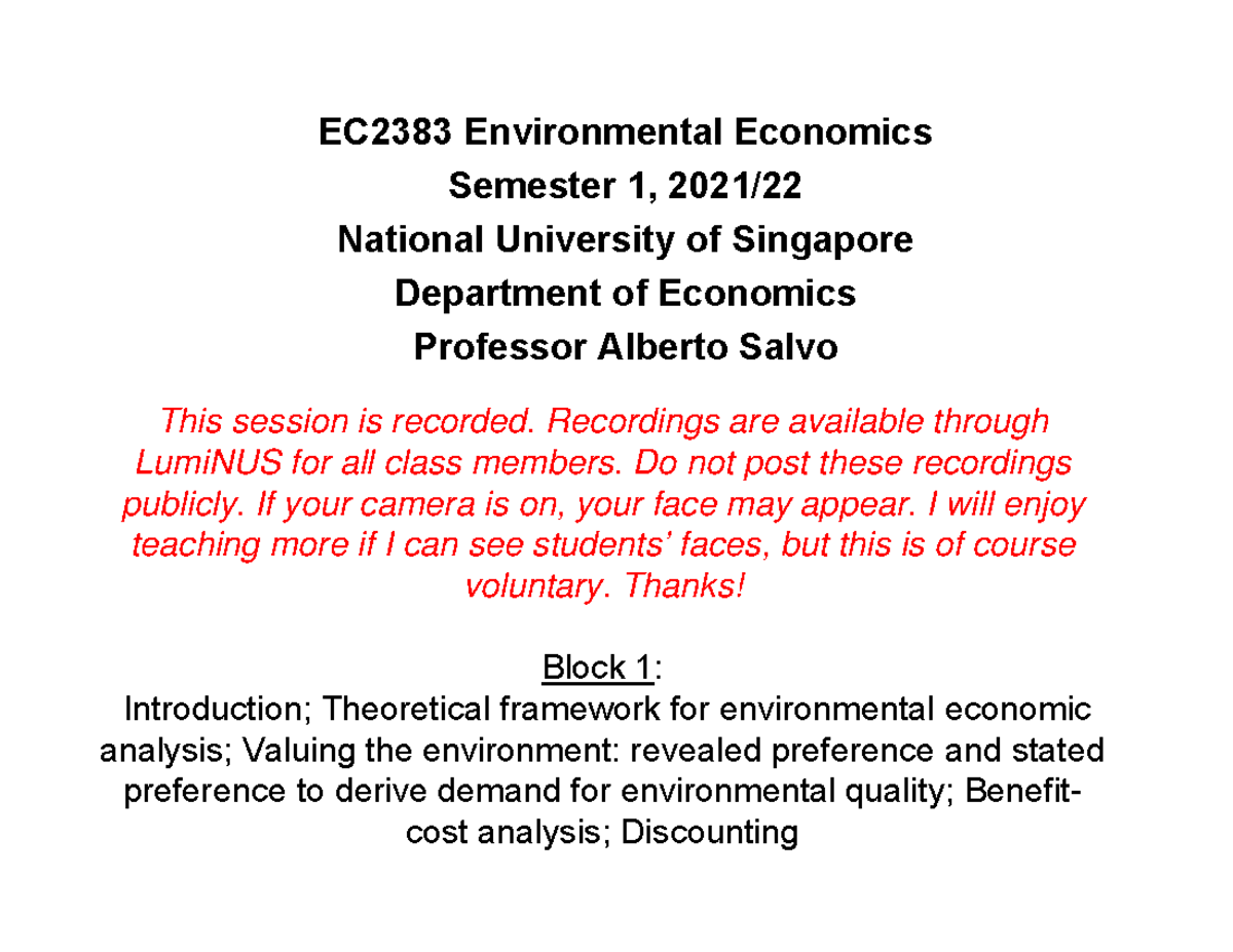 Block 1 Introduction to Environmental Economics - EC2383 - NUS - Studocu
