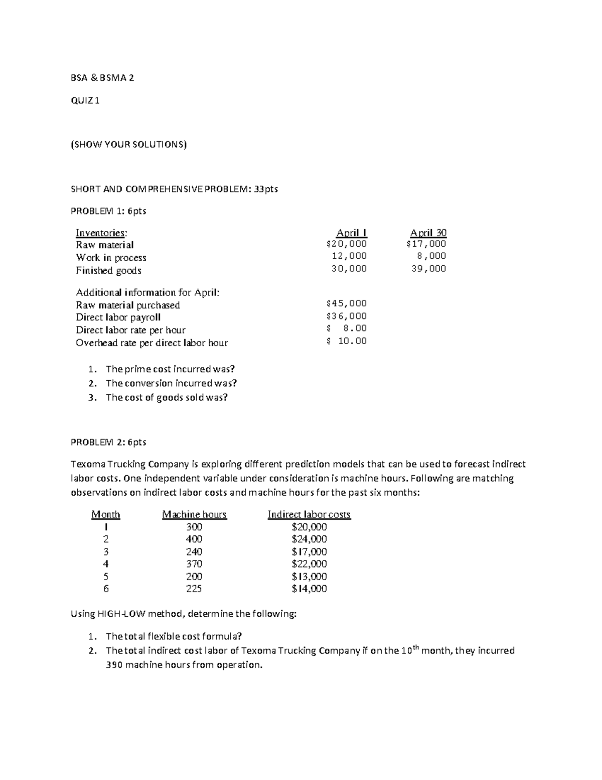 BSA SAMPLE PROBLEMS - BSA & BSMA 2 QUIZ 1 (SHOW YOUR SOLUTIONS) SHORT ...