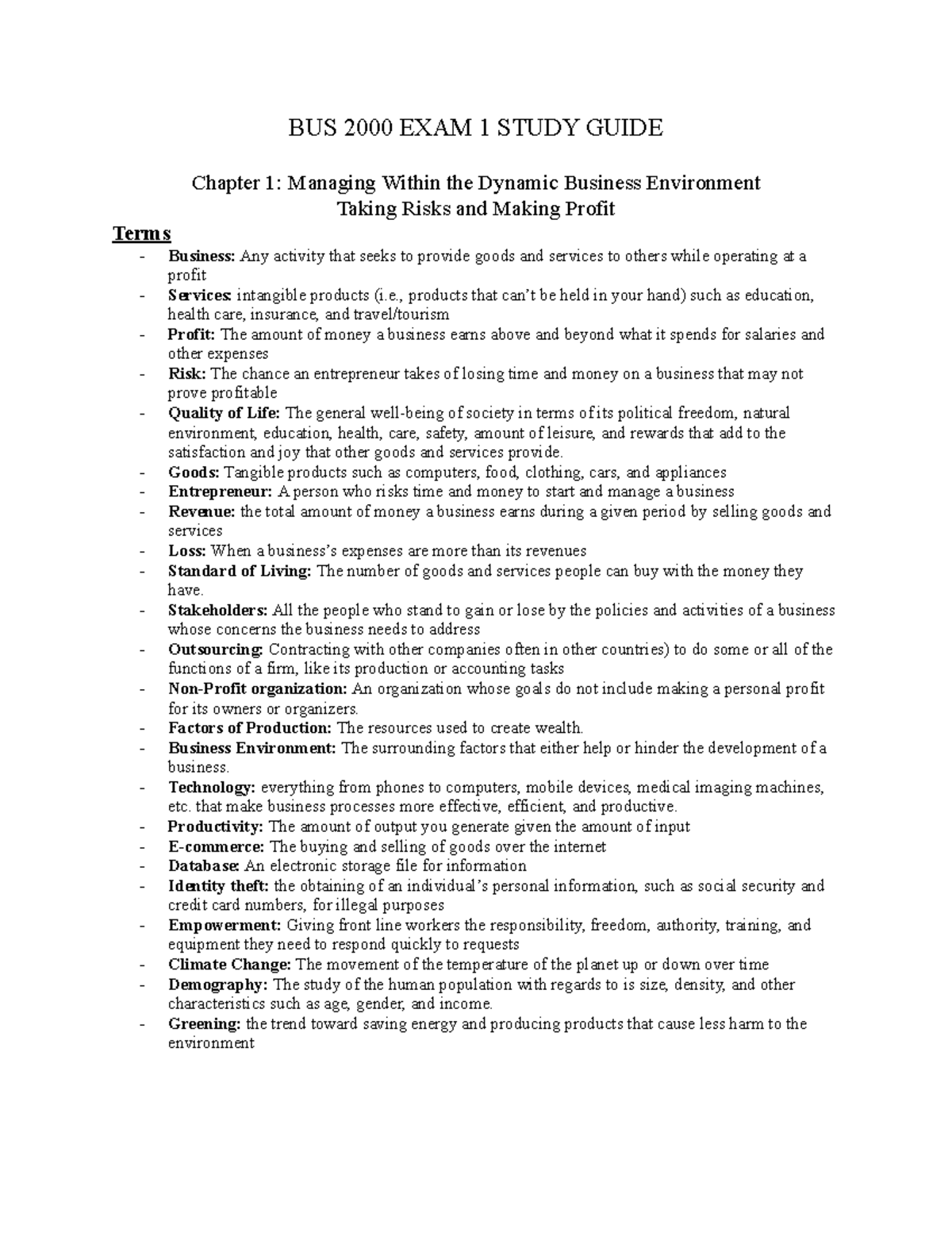 BUS 2000 Study Guide - EXAM 1 - BUS 2000 EXAM 1 STUDY GUIDE Chapter 1 ...