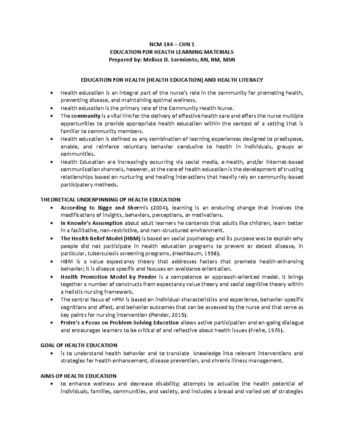 Education FOR Health Handout - NCM 104 – CHN 1 EDUCATION FOR HEALTH ...