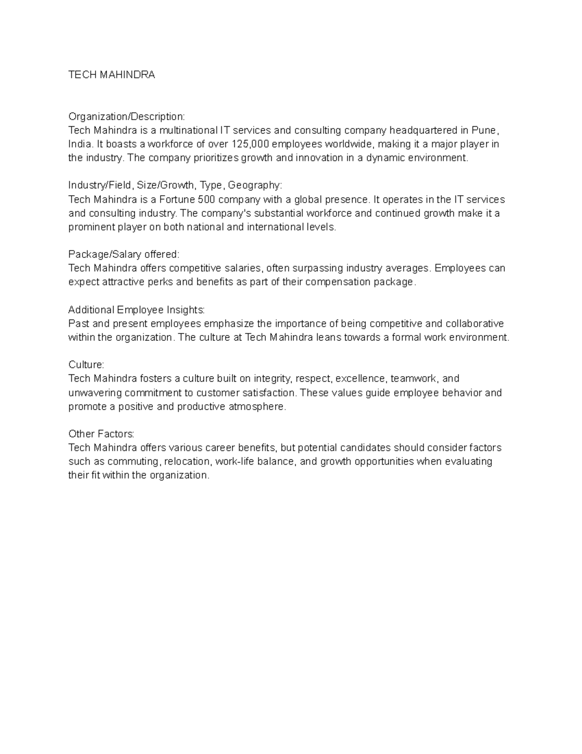 TECH Mahindra - TECH MAHINDRA Organization/Description: Tech Mahindra ...