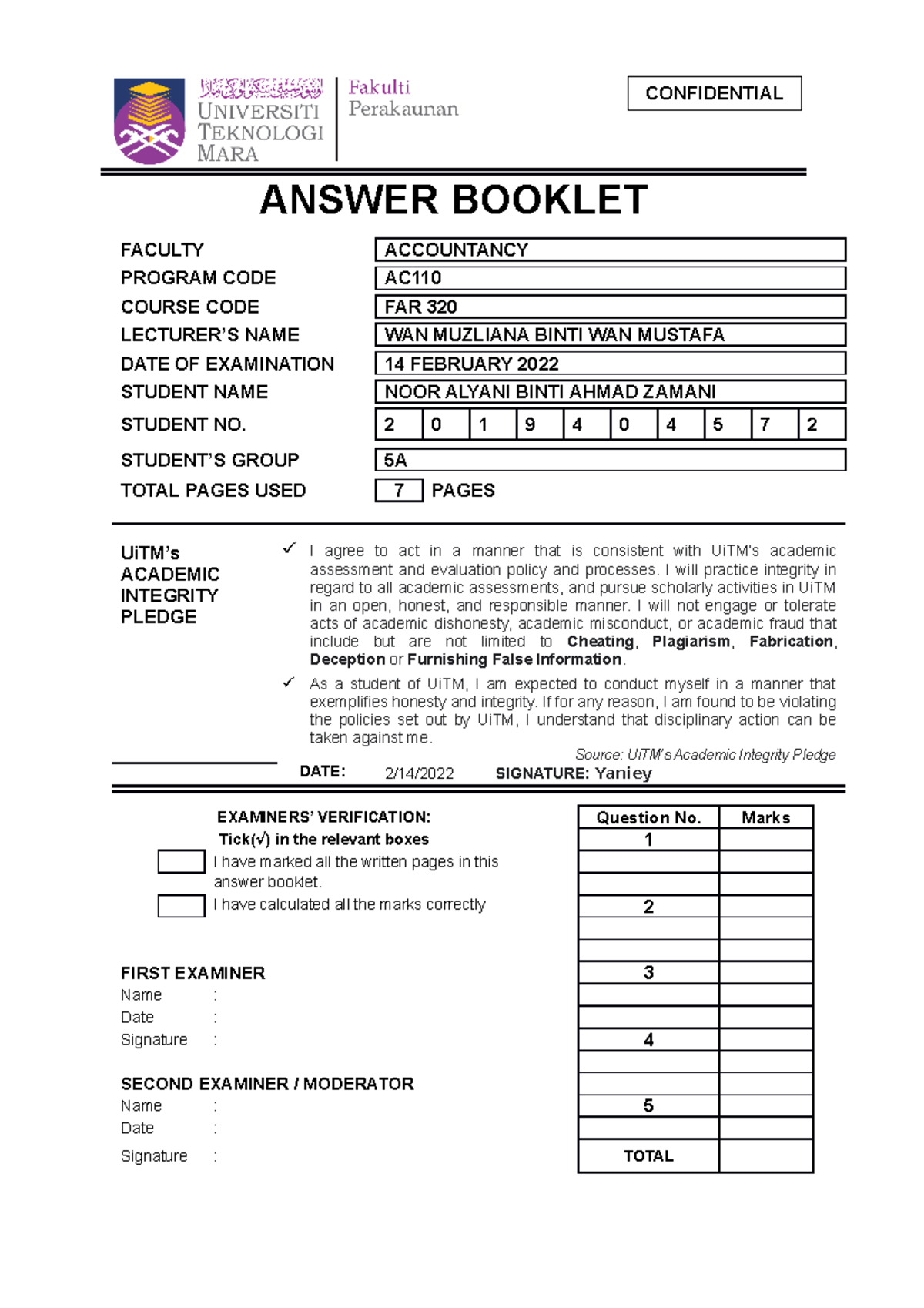 Answer Scripts Front PAGE AUD339 FA - ANSWER BOOKLET FACULTY ACCOUNTANCY PROGRAM CODE AC COURSE ...
