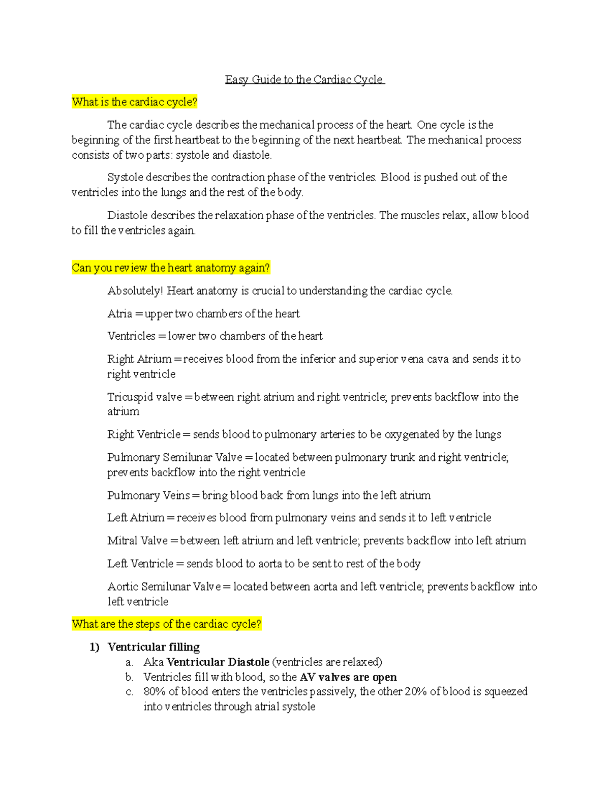 Cardiac Cycle Summary - BSC 2086C - UNF - Studocu