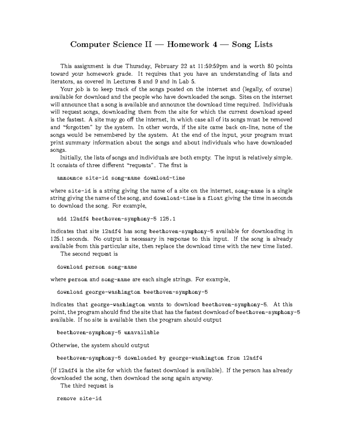 Hw4 Homework Computer Science Ii — Homework 4 — Song Lists This Assignment Is Due Thursday