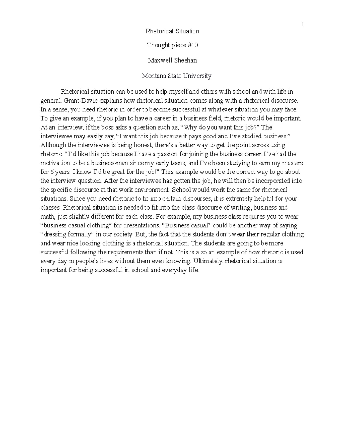 Thought piece #10 - Grade: A+ - 1 Rhetorical Situation Thought piece ...