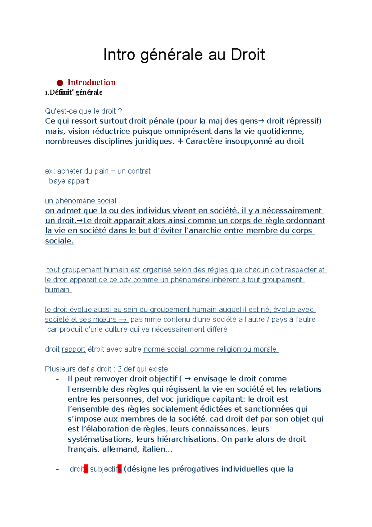 Intro générale au Droit-P1 - Intro générale au Droit Introduction 1éfinit° générale Qu'est-ce ...