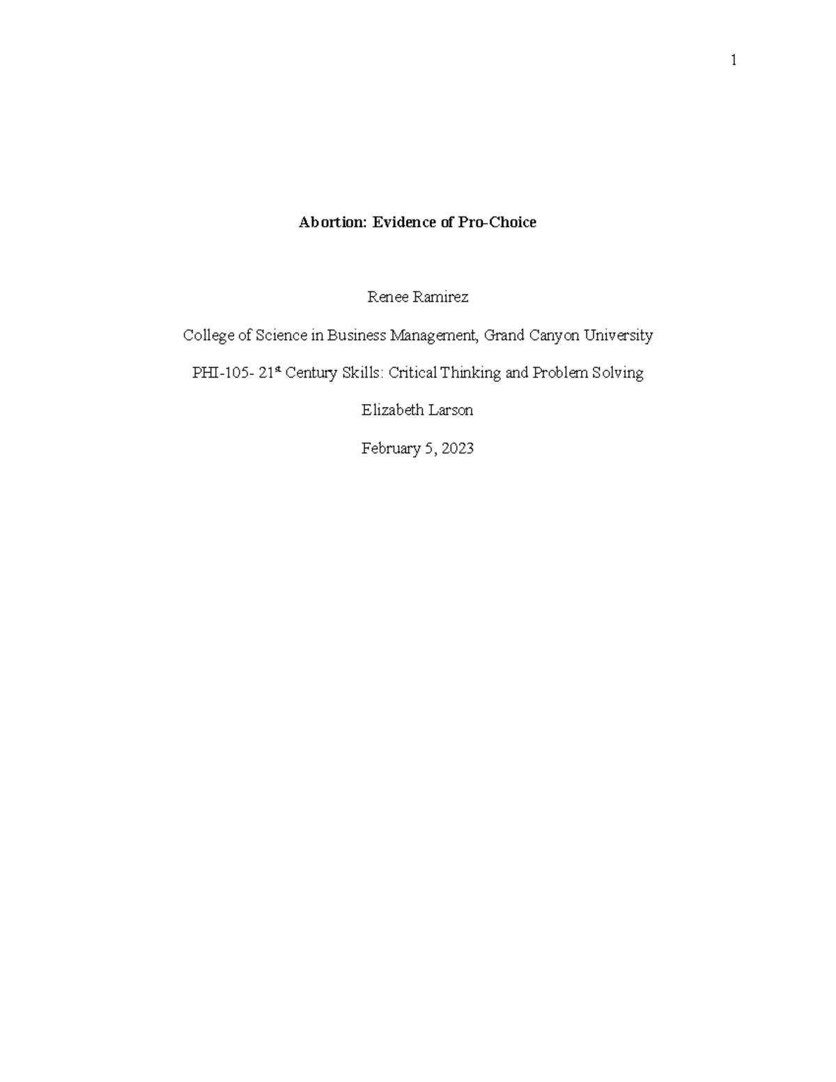 PHI 105- Abortion Pro-Choice Evidence Persuasive Essay - Abortion ...