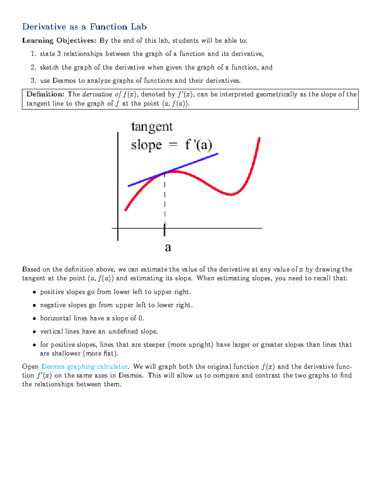 Calculus Lab 15 - Derivative as a Function Lab Learning Objectives: By ...