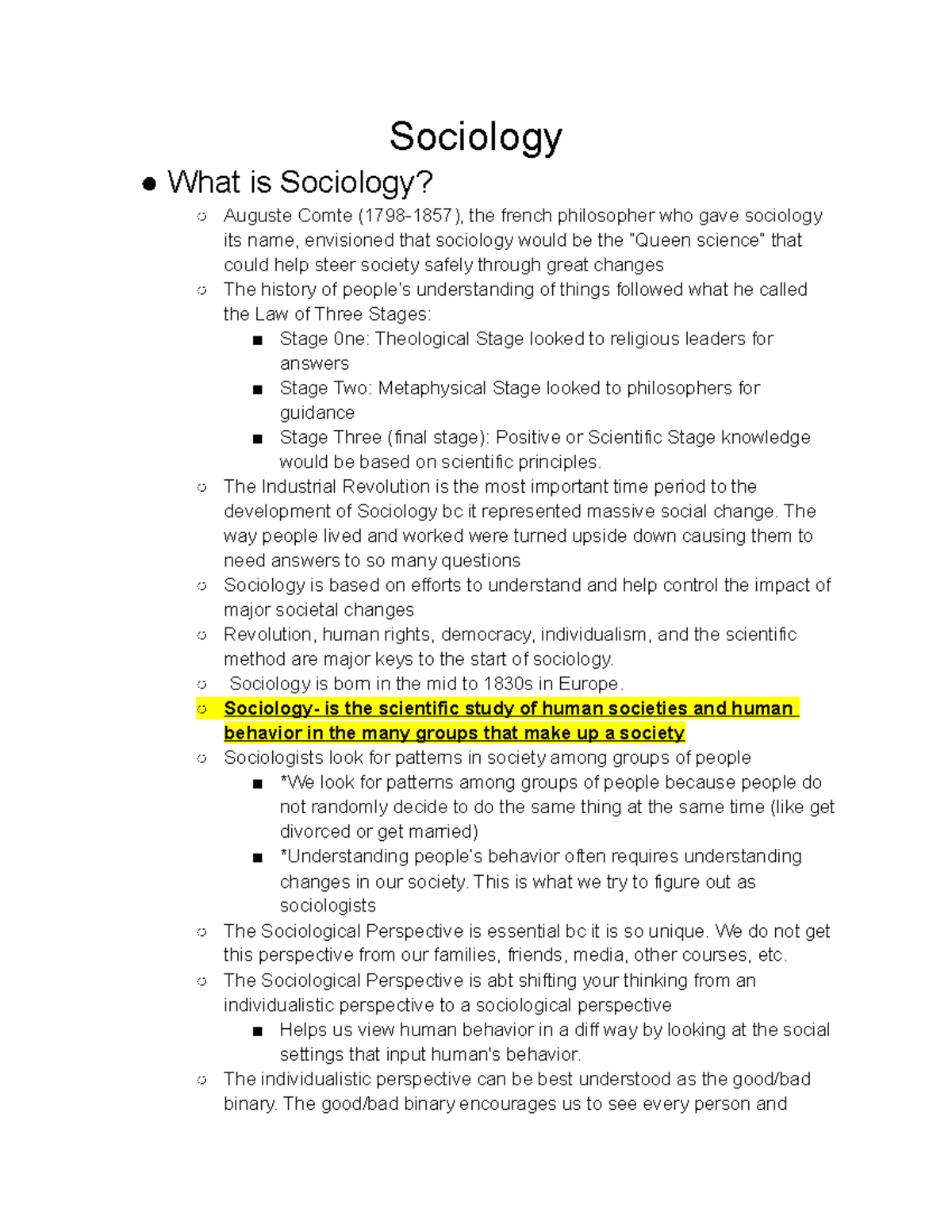 Sociology - Professor Anderson week one notes - Sociology What is ...