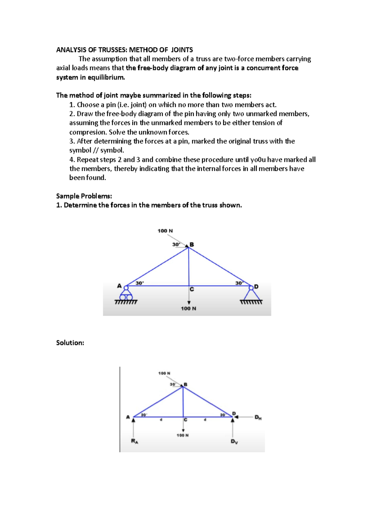 Method-OF- Joints - Statics - ANALYSIS OF TRUSSES: METHOD OF JOINTS The assumption that all ...